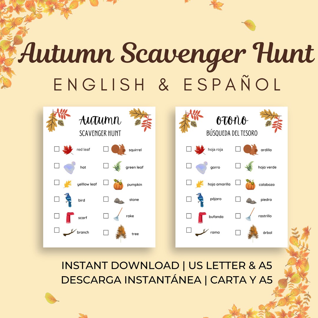 Spanish & English Autumn Scavenger Hunt, Búsqueda Del Tesoro De Otoño ...