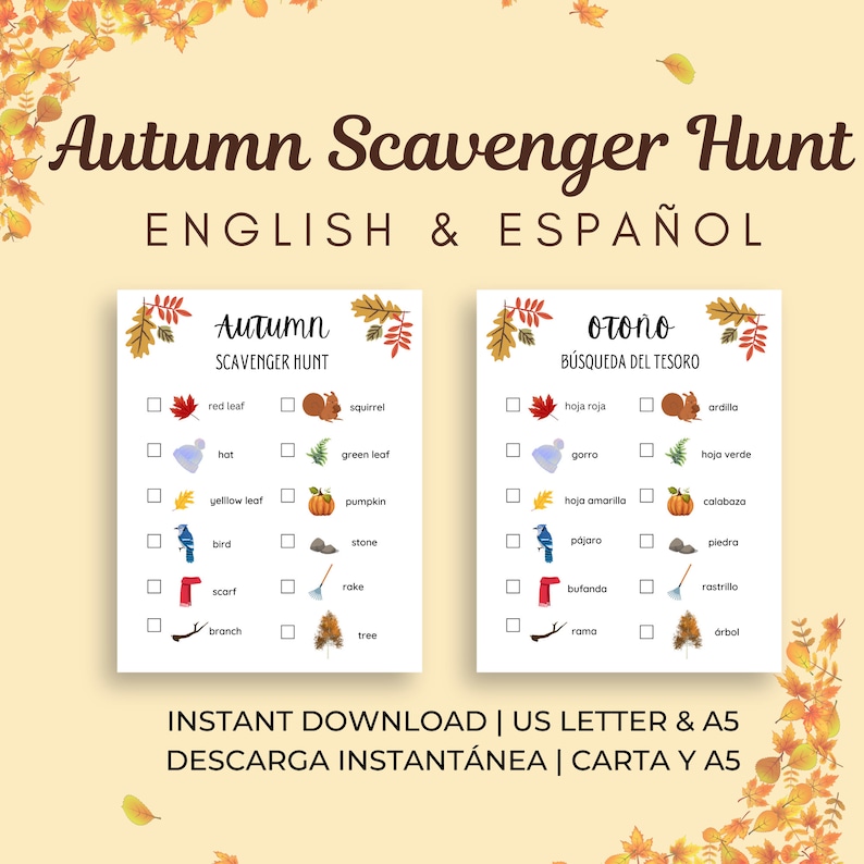 Spanish & English Autumn Scavenger Hunt, Búsqueda Del Tesoro De Otoño ...