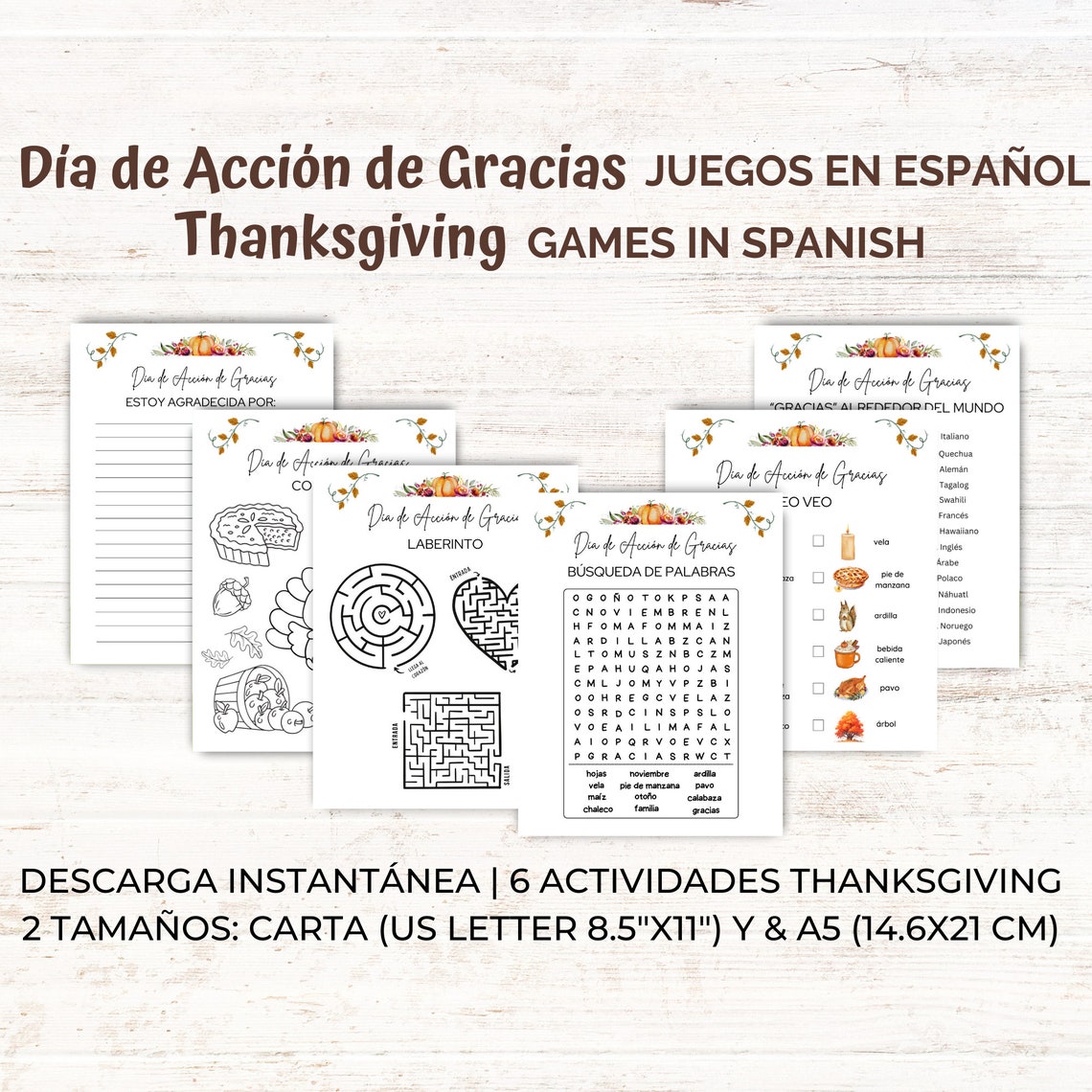 Thanksgiving Printable Games in Spanish, Día Acción De Gracias En ...