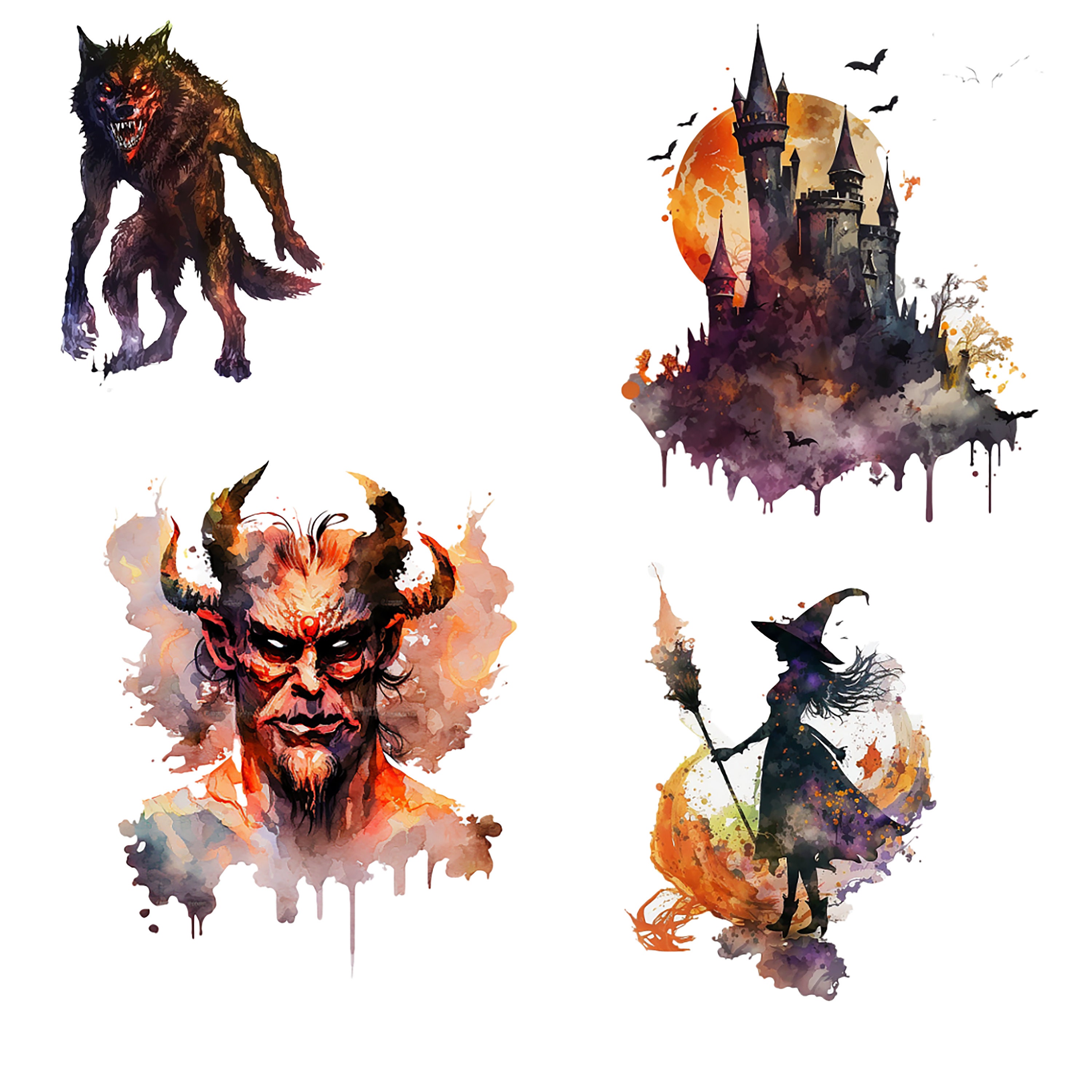 Halloween Water Colour Clip Art Bundle of 20 + Transparent Background ...