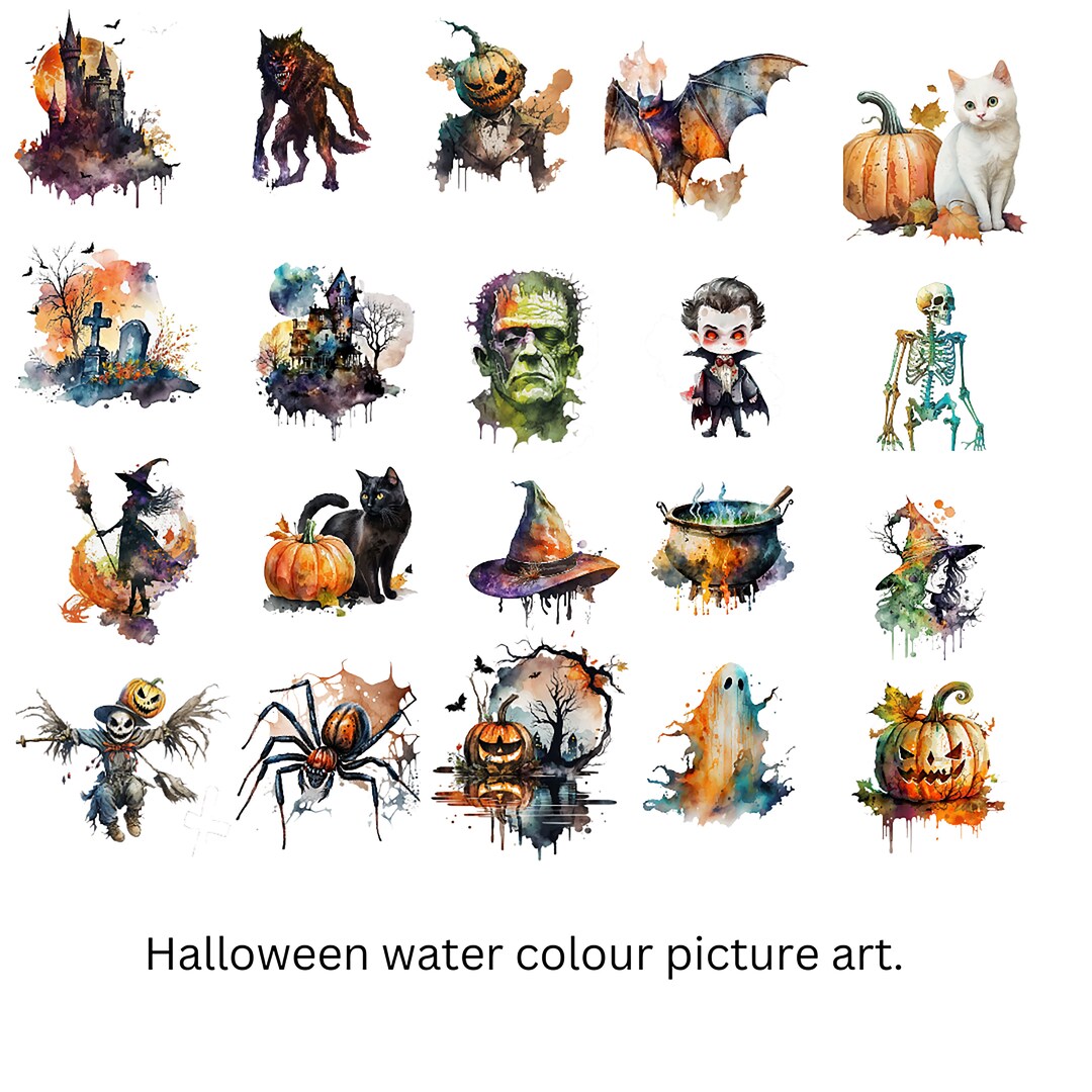 Halloween Water Colour Clip Art Bundle of 20 + Transparent Background ...