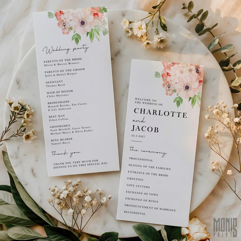 Peach Floral Wedding Program Canva Template, Peach Wedding Day Timeline ...