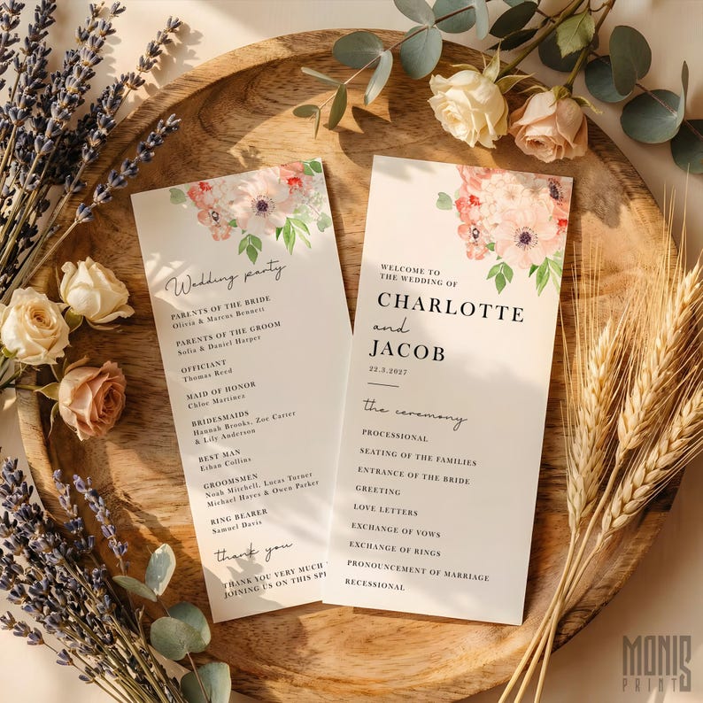 Peach Floral Wedding Program Canva Template, Peach Wedding Day Timeline ...