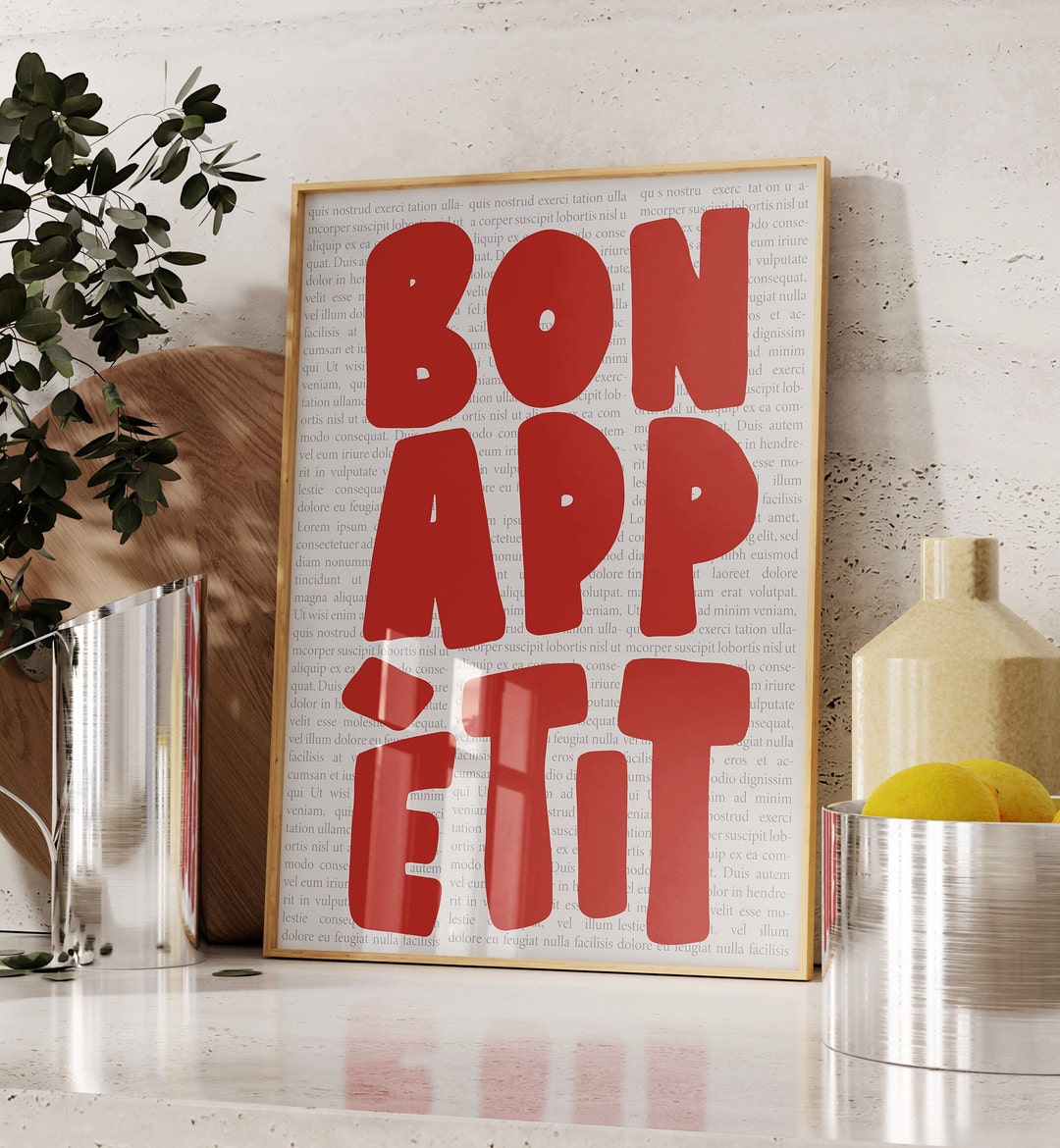 Bon Appetit Red Poster, Typography Print, French Quote Wall Art ...