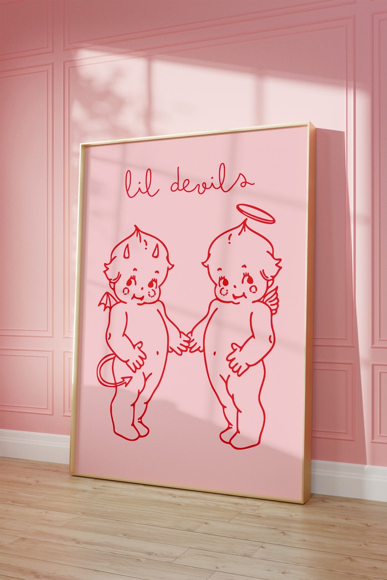 Lil Devils Kewpie Wall Art, Cute Angel and Devil Art, Vintage Print Decor, Retro Decor Cartoon ...