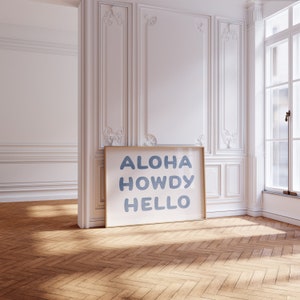 Aloha Howdy Hello Print Coastal Cowgirl Wall Art Blue Text Typography ...