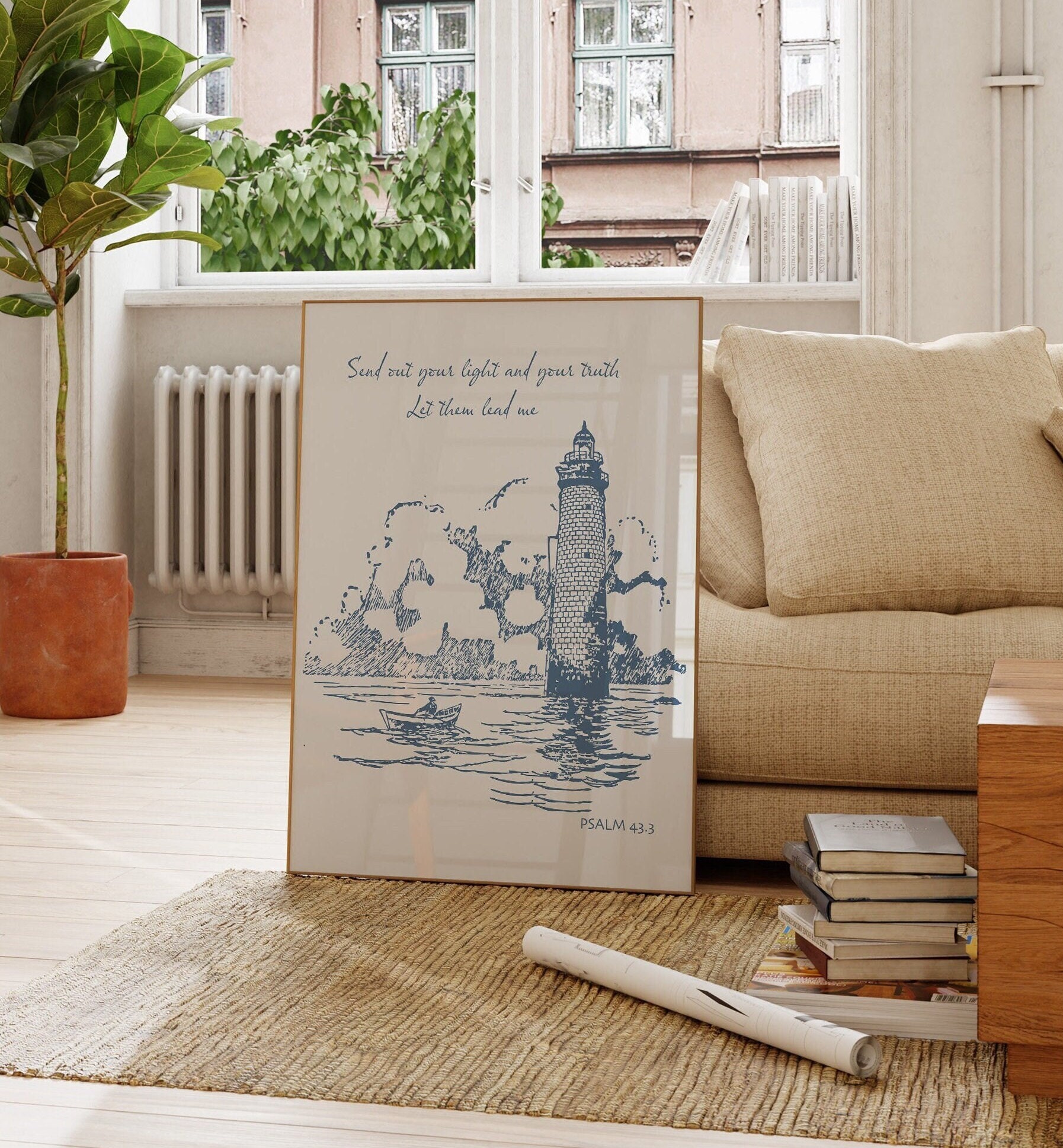 Lighthouse Painting Christian Art Psalms 43 Blue and Cream Digital ...