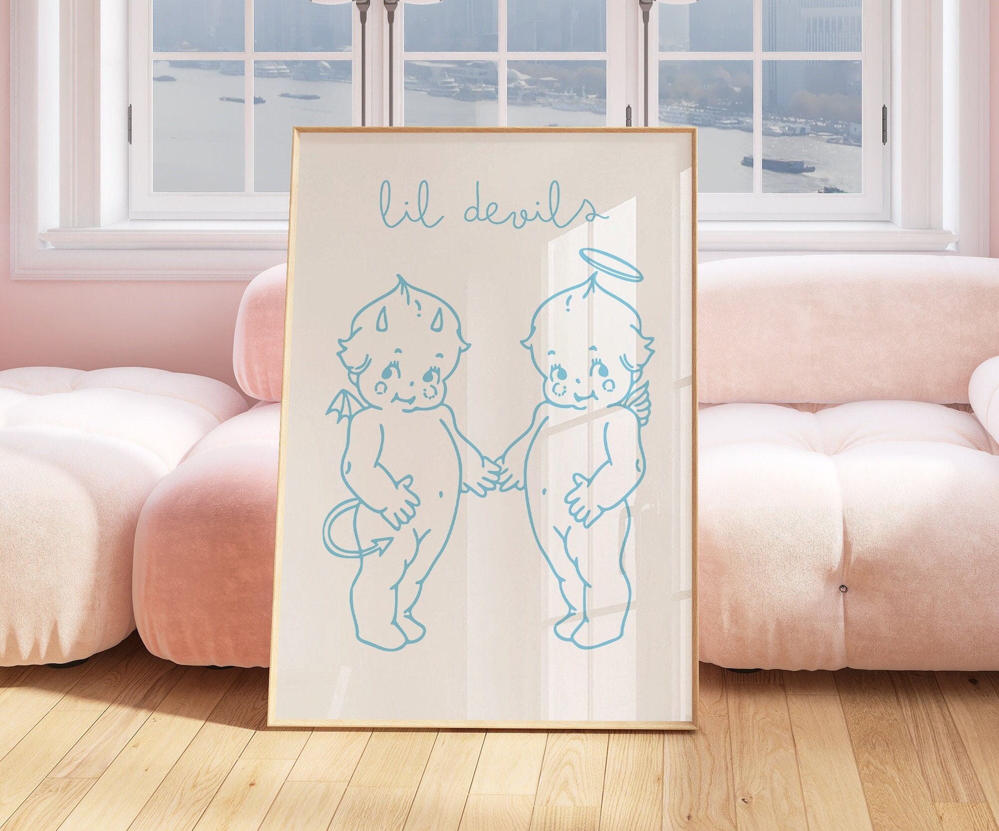Lil Devils Blue Kewpie Wall Art, Cute Angel and Devil Art, Vintage ...