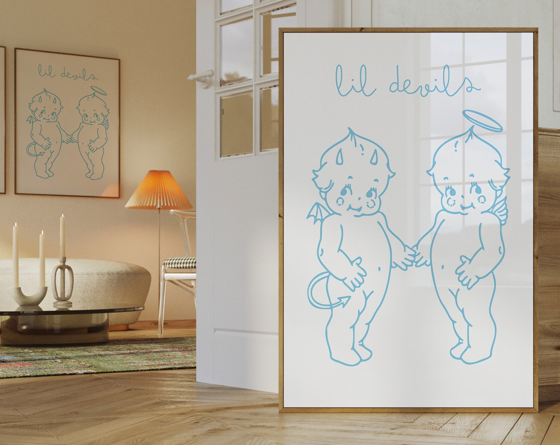 Lil Devils Blue Kewpie Wall Art, Cute Angel and Devil Art, Vintage ...