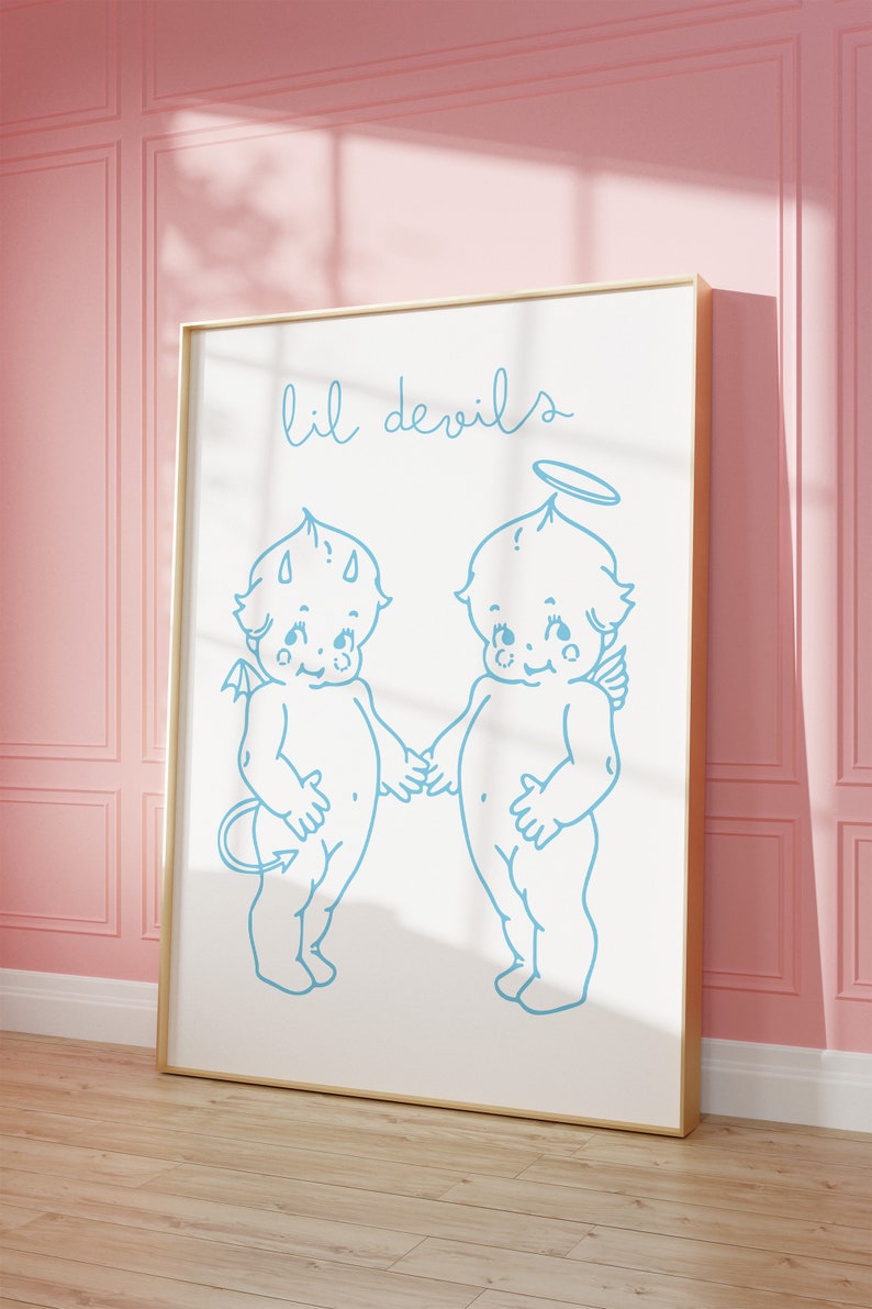 Lil Devils Blue Kewpie Wall Art, Cute Angel and Devil Art, Vintage Print Decor, Retro Decor ...