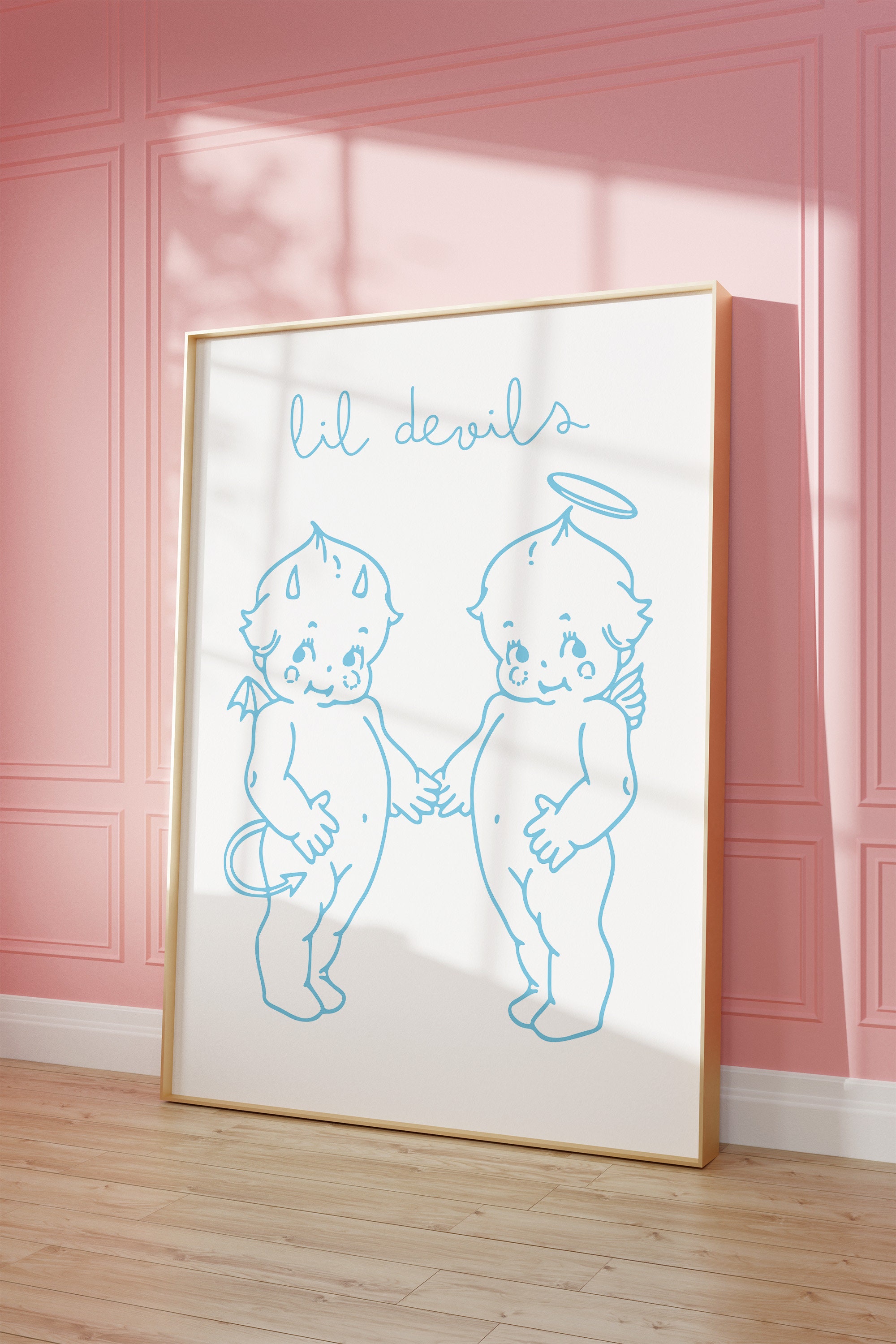 Lil Devils Blue Kewpie Wall Art, Cute Angel and Devil Art, Vintage ...