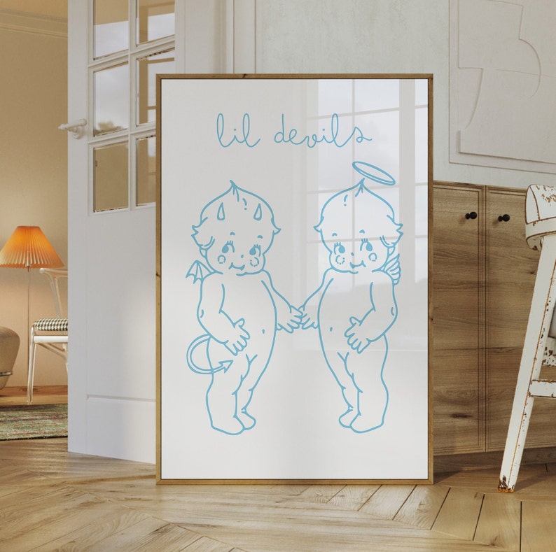 Lil Devils Blue Kewpie Wall Art, Cute Angel and Devil Art, Vintage ...