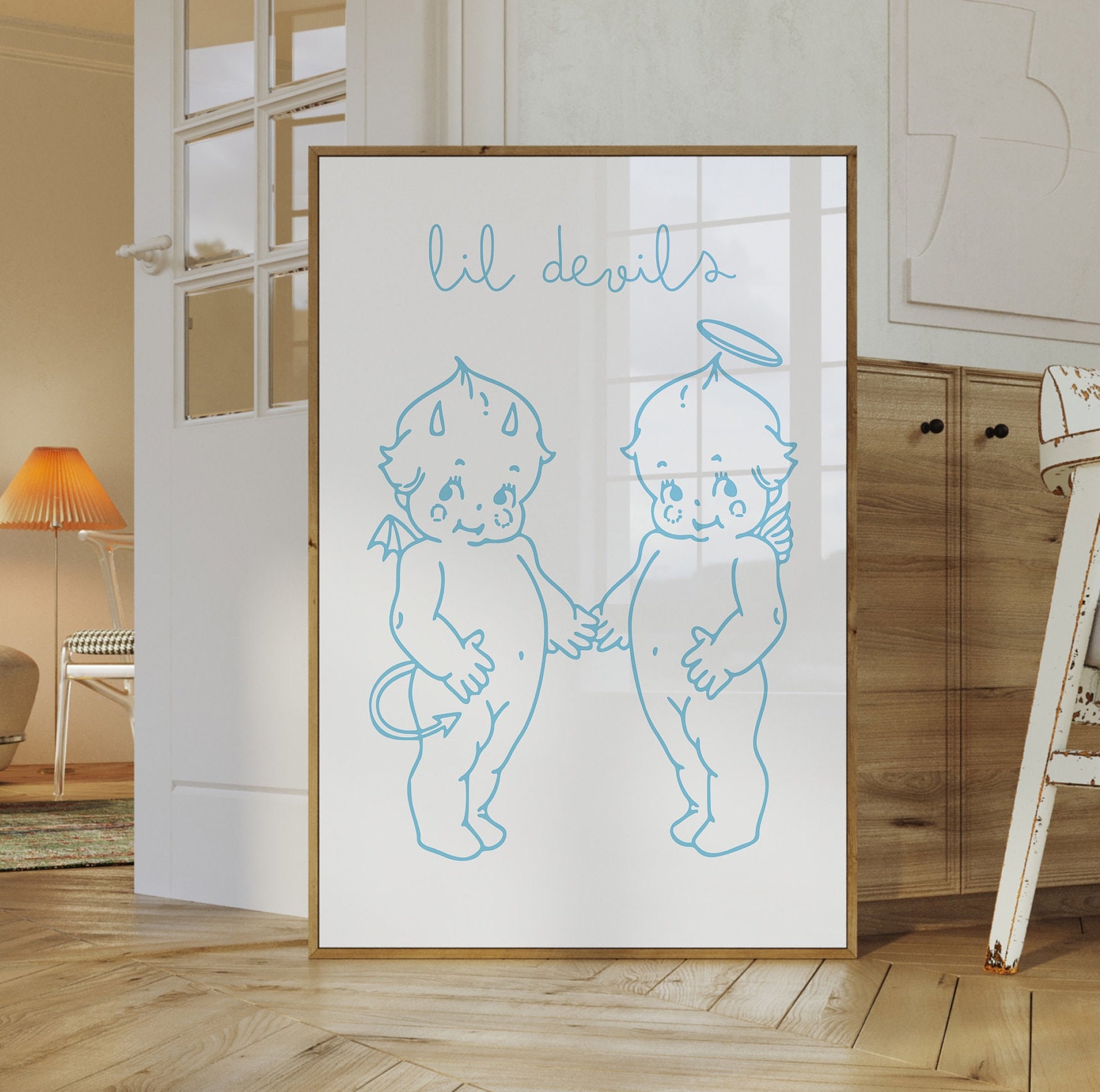 Lil Devils Blue Kewpie Wall Art, Cute Angel and Devil Art, Vintage Print Decor, Retro Decor ...