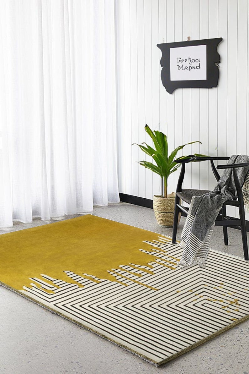 Yellow and White Hand Tufted Geometric Wool Rug For, Living Room, Kids ...