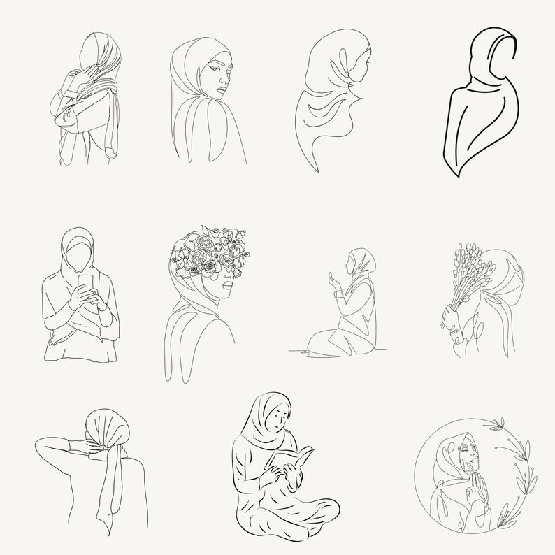 Hijab Girl Line Art Muslim Girl Islamic Digital Stickers Quranic ...