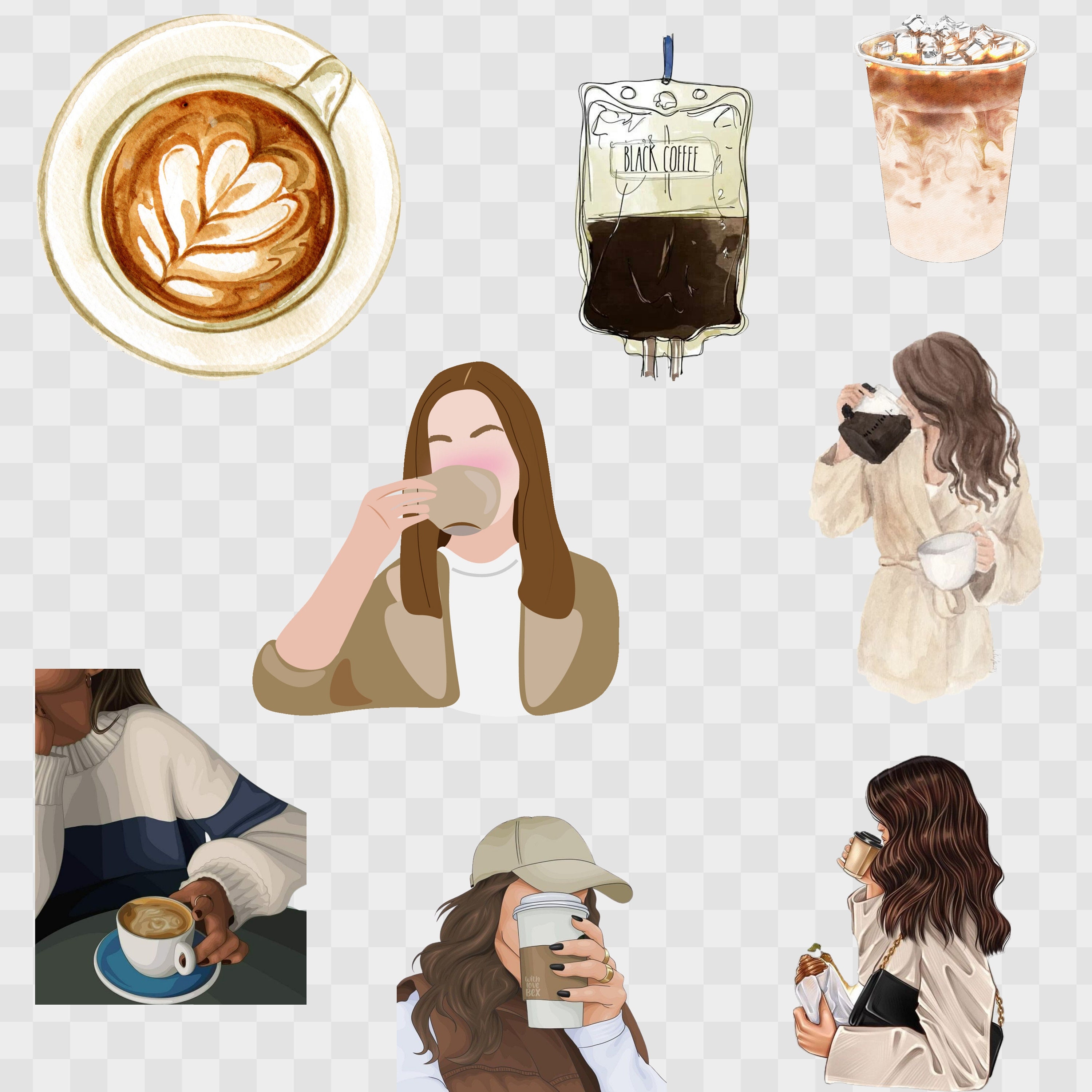 Coffee Girl Stickers Coffee Art PNG Digital Coffee Planner Stickers ...
