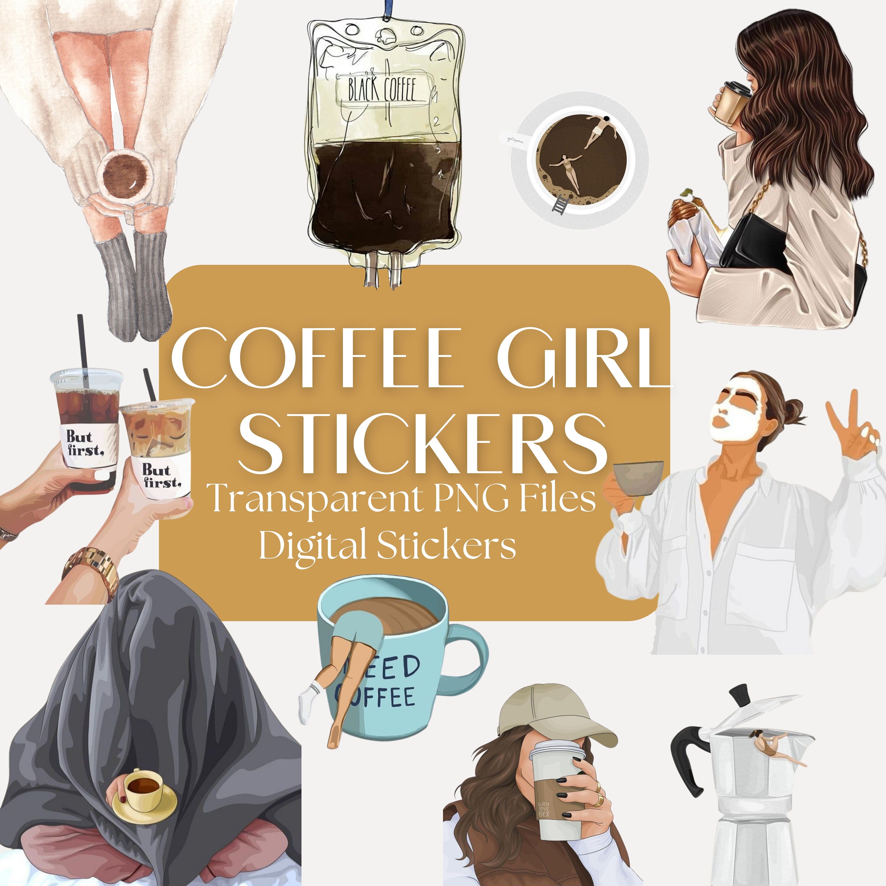 Coffee Girl Stickers Coffee Art PNG Digital Coffee Planner Stickers ...