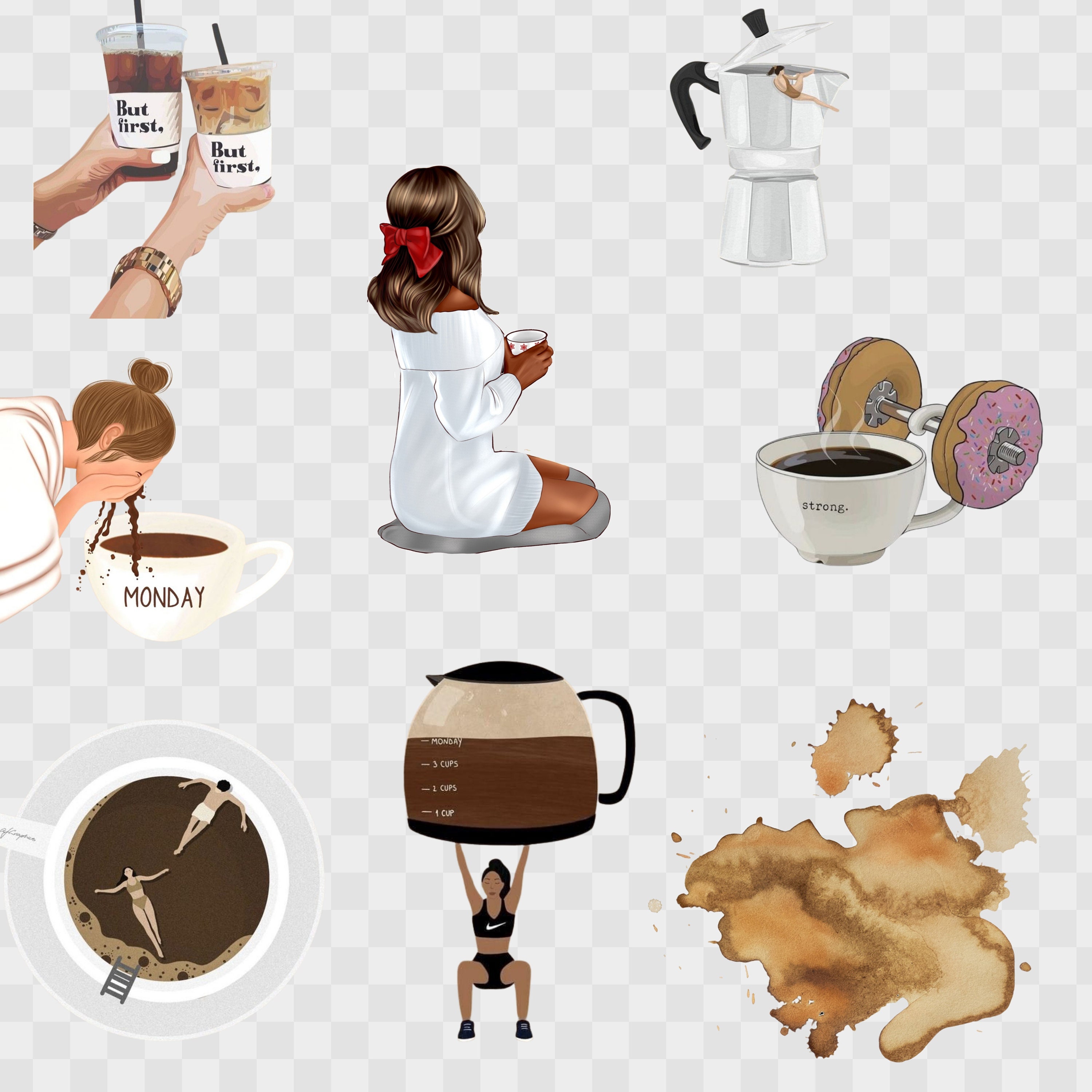 Coffee Girl Stickers Coffee Art PNG Digital Coffee Planner Stickers ...
