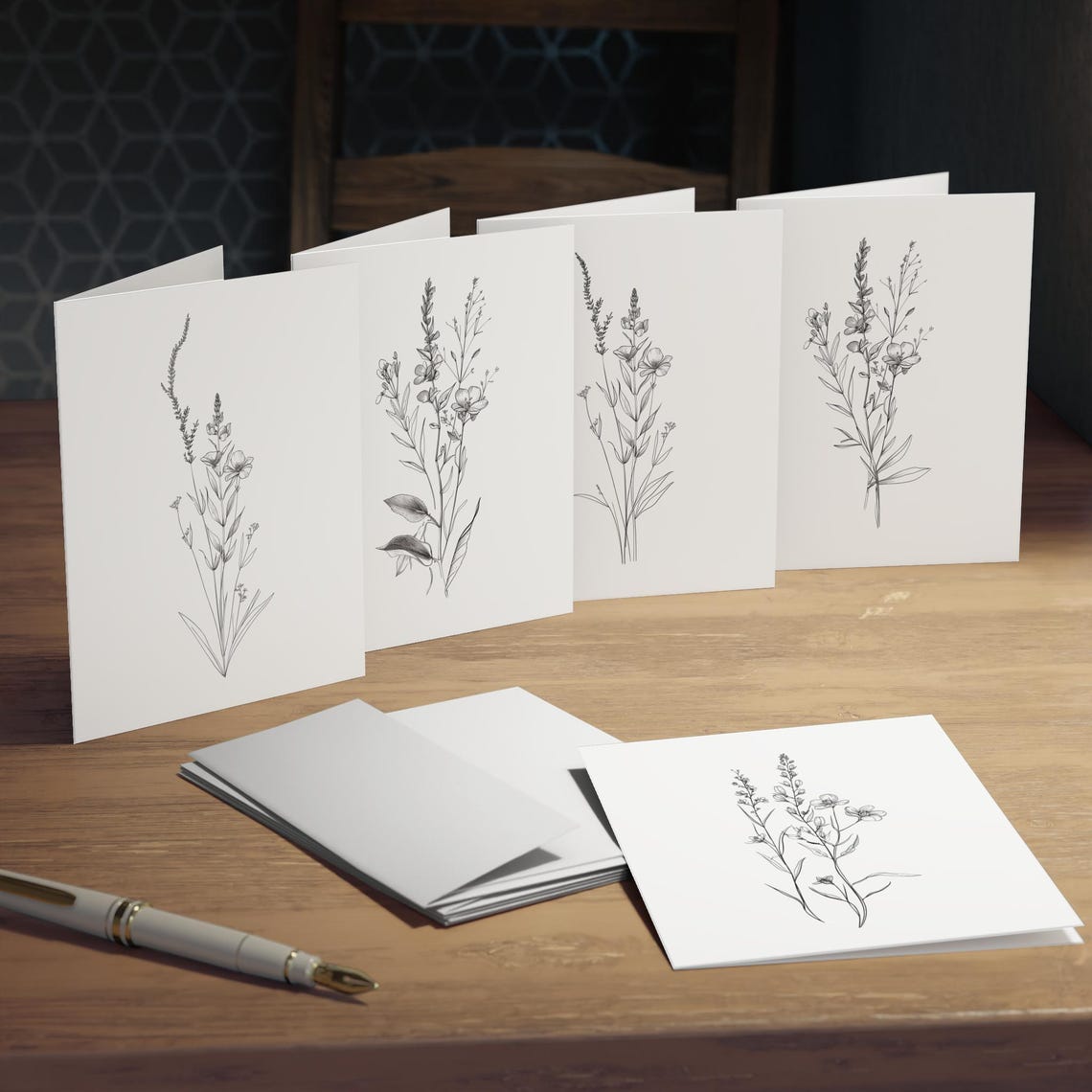 Floral Botanical Greeting Cards – Set of 5 Elegant Line Art Note Cards ...