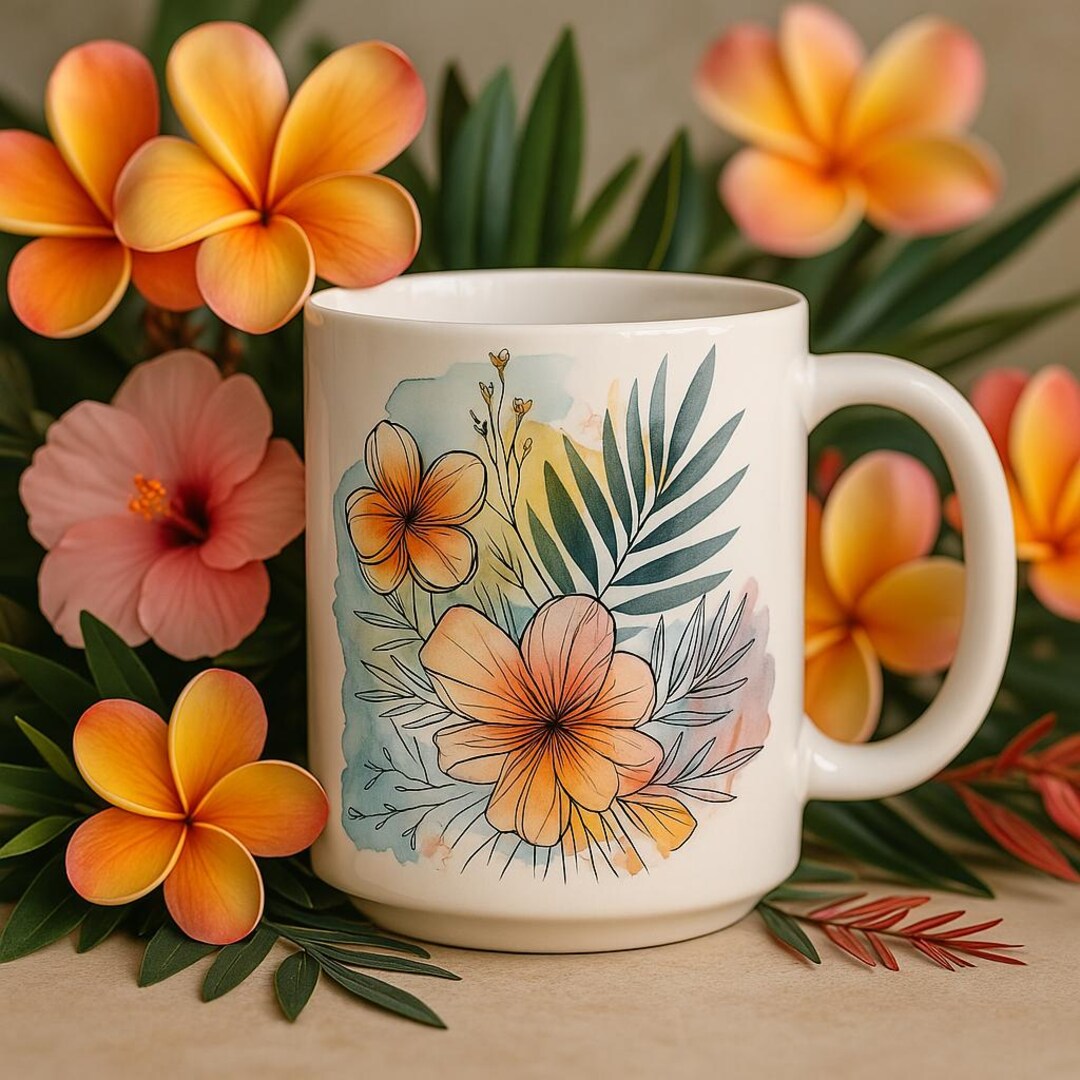 Floral Watercolor Line Art Mug, Botanical Flower Print Cup, Nature ...