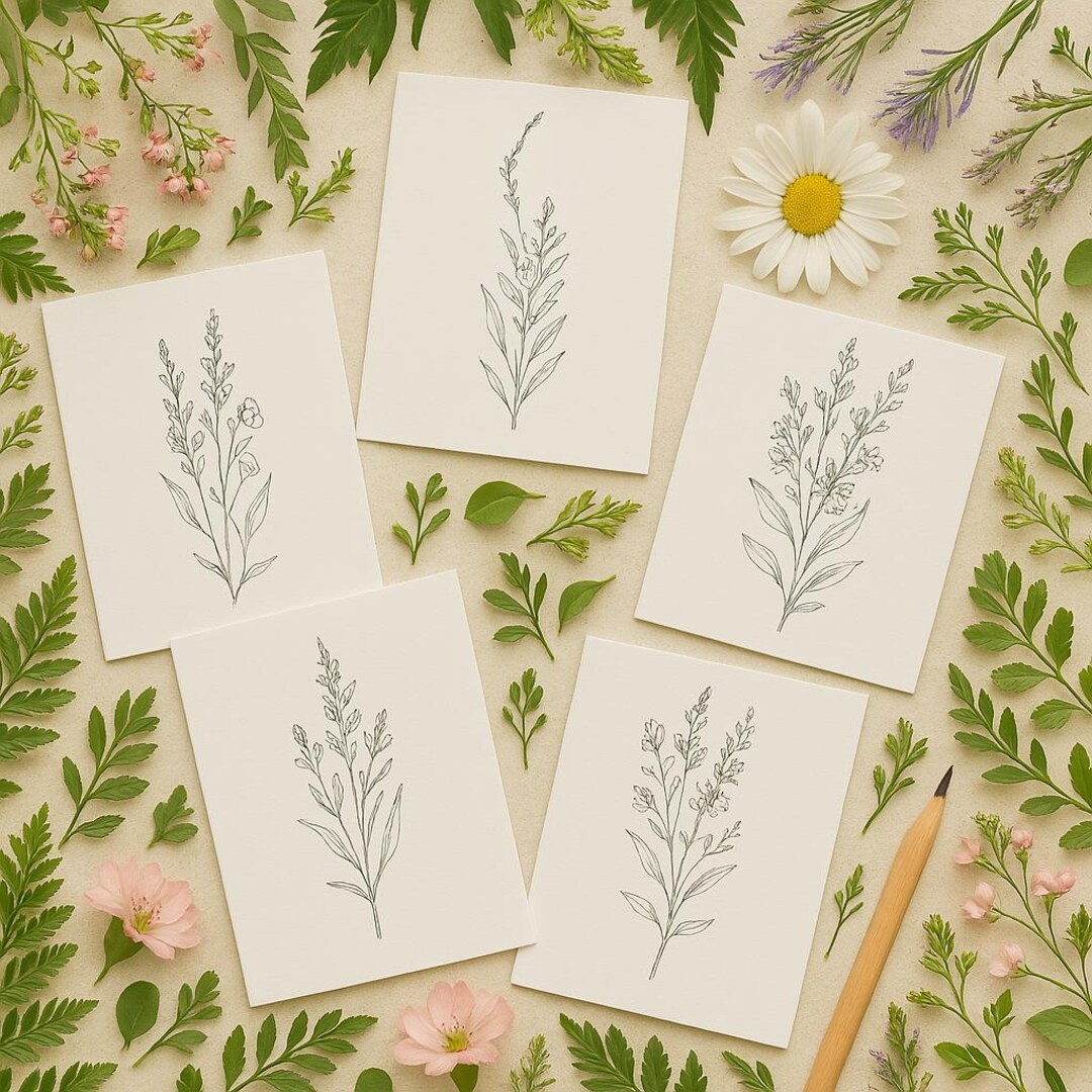 Floral Botanical Greeting Cards – Set of 5 Elegant Line Art Note Cards ...
