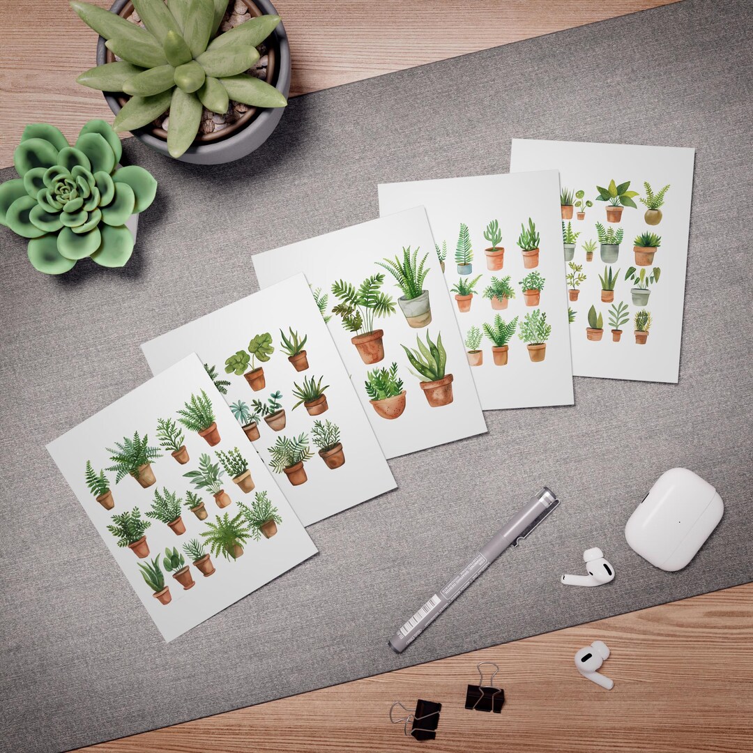 Indoor Plant Fern Collage Watercolor Greeting Cards Set, Plant Lover's ...