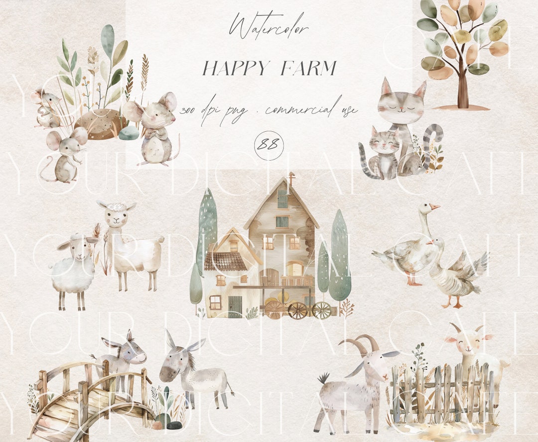 Watercolor Farm Animal Clipart Bundle, Farm Animals PNG Set, Nursery ...