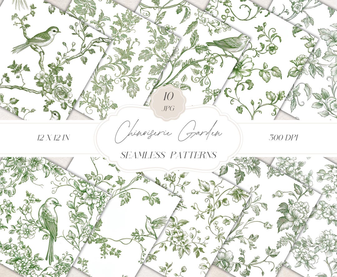 Green Chinoiserie Floral Seamless Patterns, Vintage Floral Digital ...