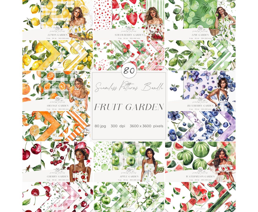 Watercolor Fruit Garden Seamless Patterns: Fruits Digital Paper Bundle ...