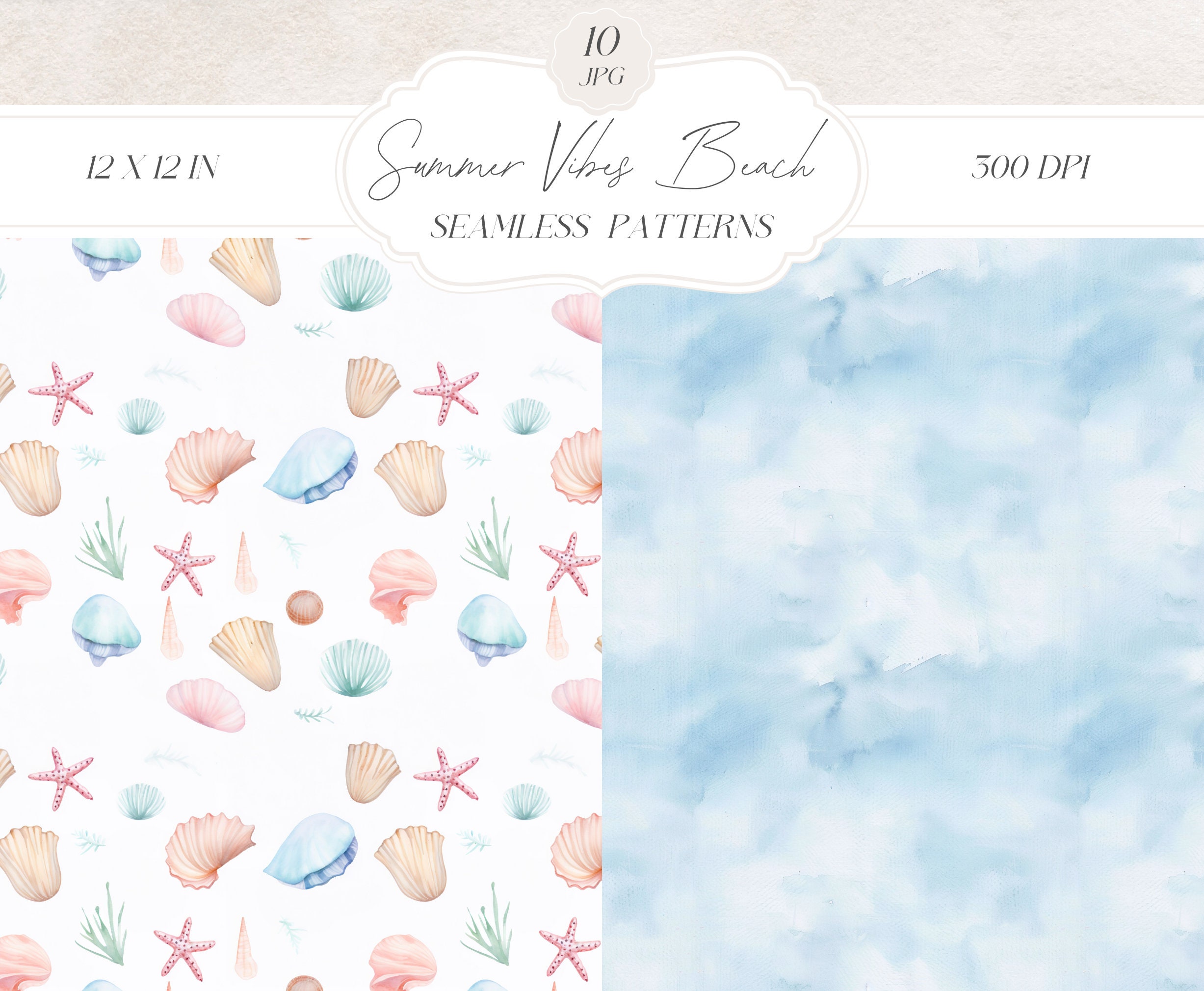 Watercolor Ocean Seamless Patterns, Pastel Summer Beach Digital Paper ...