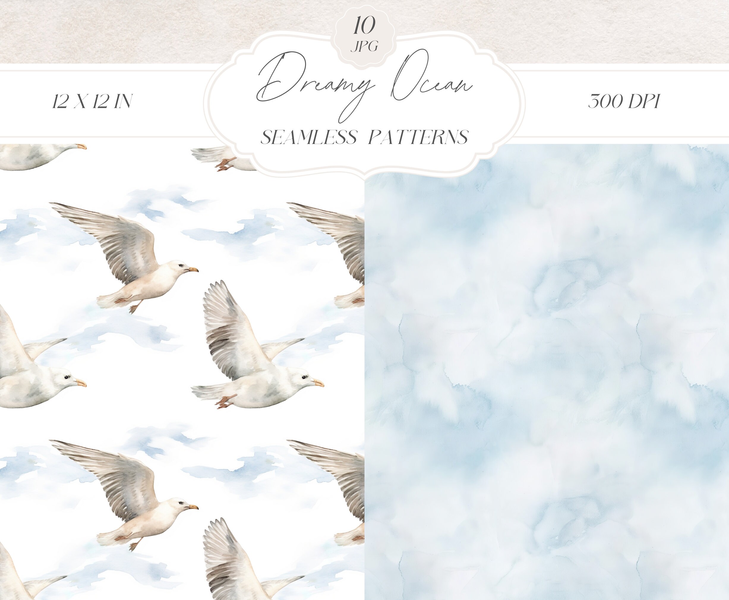 Watercolor Ocean Seamless Patterns, Neutral Summer Beach Digital Paper ...