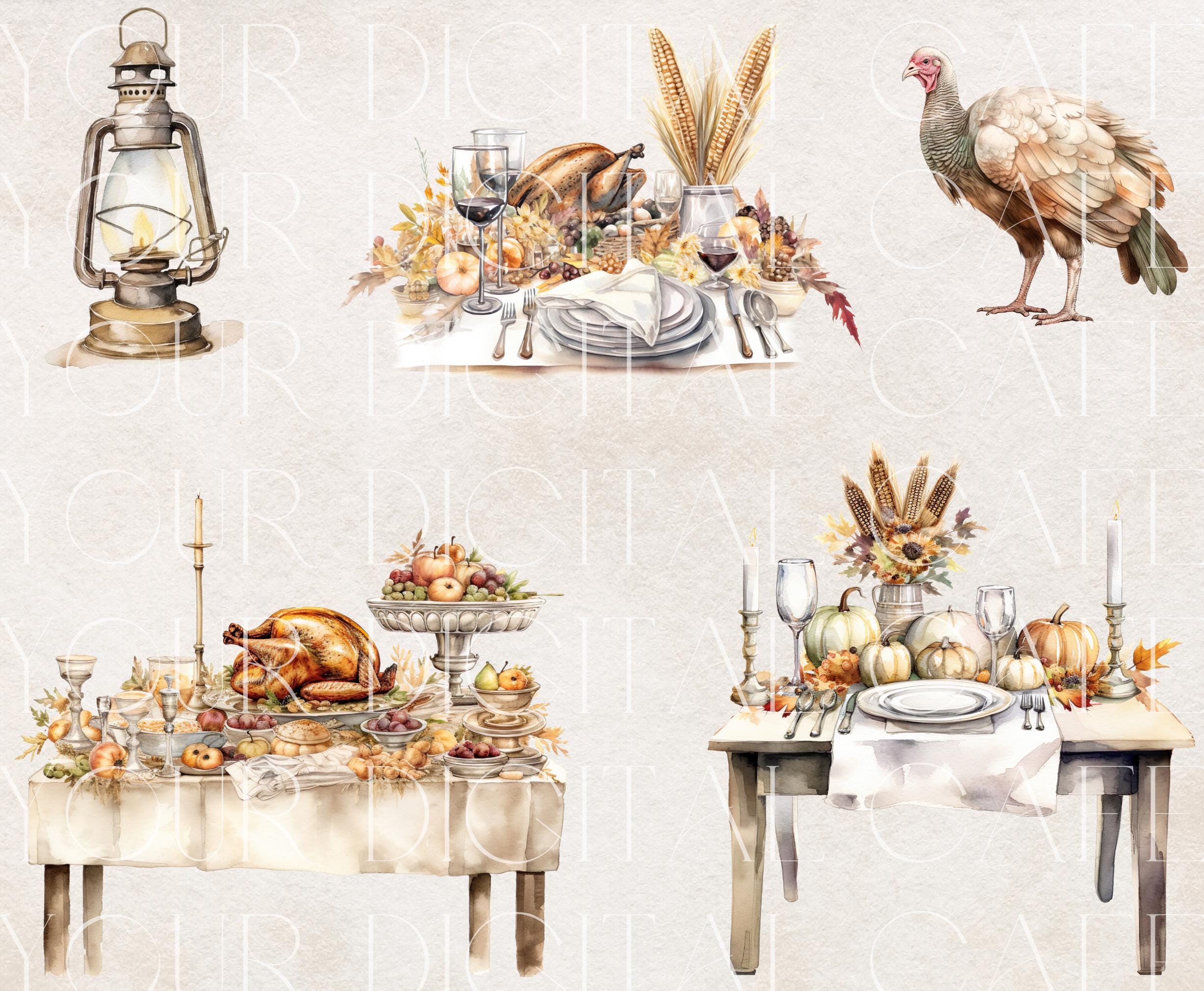 Watercolor Thanksgiving Clipart, Retro Thanksgiving Feast Graphics ...