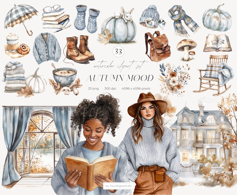 Watercolor Autumn Mood Clipart: Cozy Fall PNG, Pumpkins, Cottagecore ...