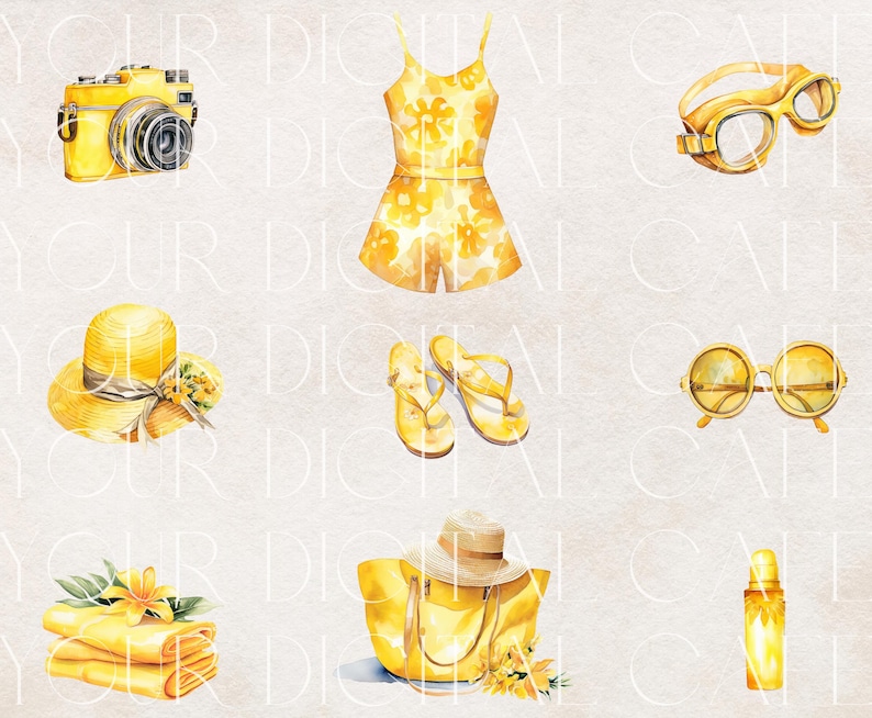 Yellow Summer Watercolor Clipart, Summer Beach Graphics, Beach Vacation ...