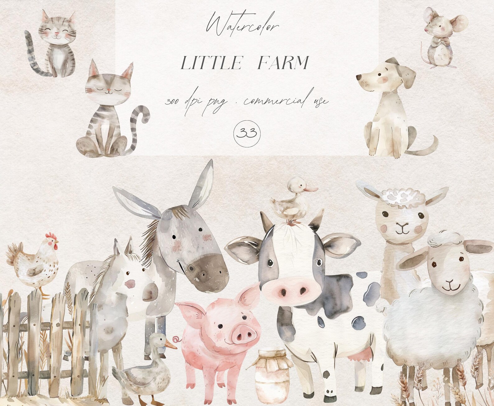 Watercolor Farm Animal Clipart Bundle, Neutral Nursery Clipart, Cute ...