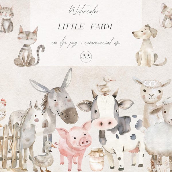 Watercolor Farm Animal Clipart Bundle, Cute Animal Clipart, Neutral ...