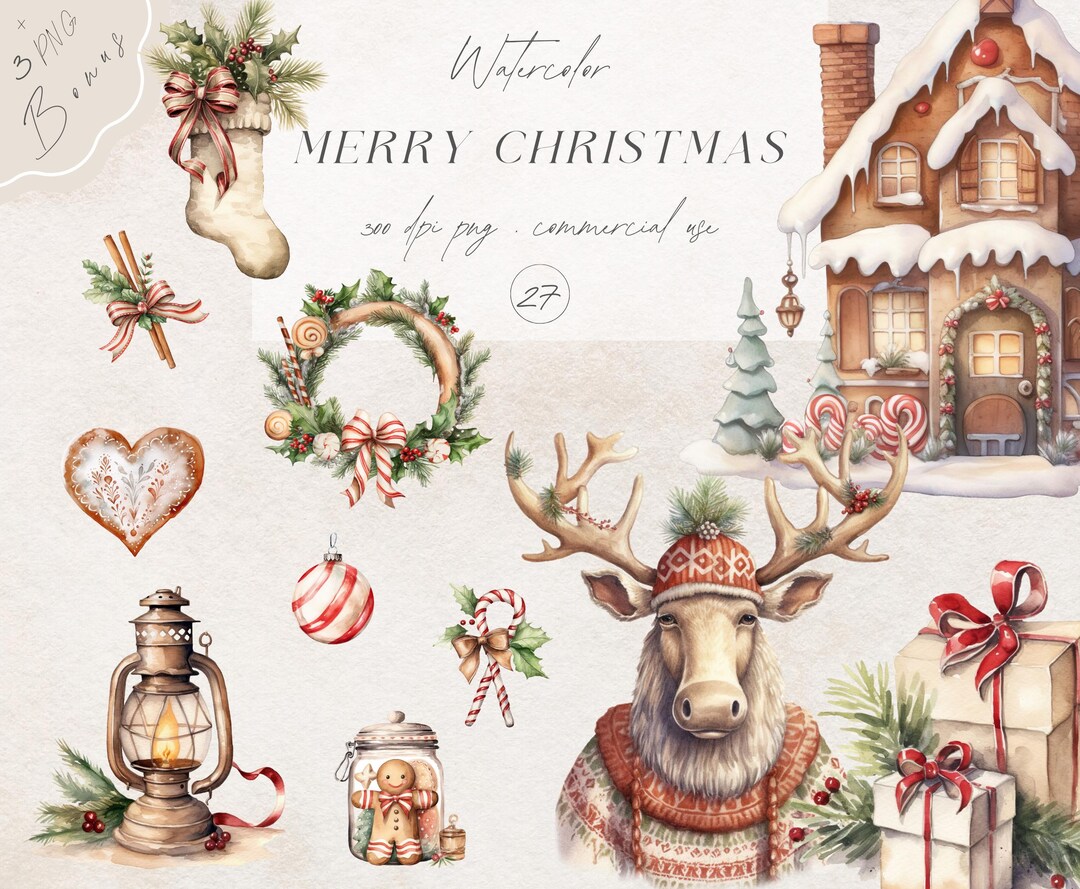 Cozy Rustic Christmas Clipart, Xmas Clipart, Holiday Png, Watercolor ...