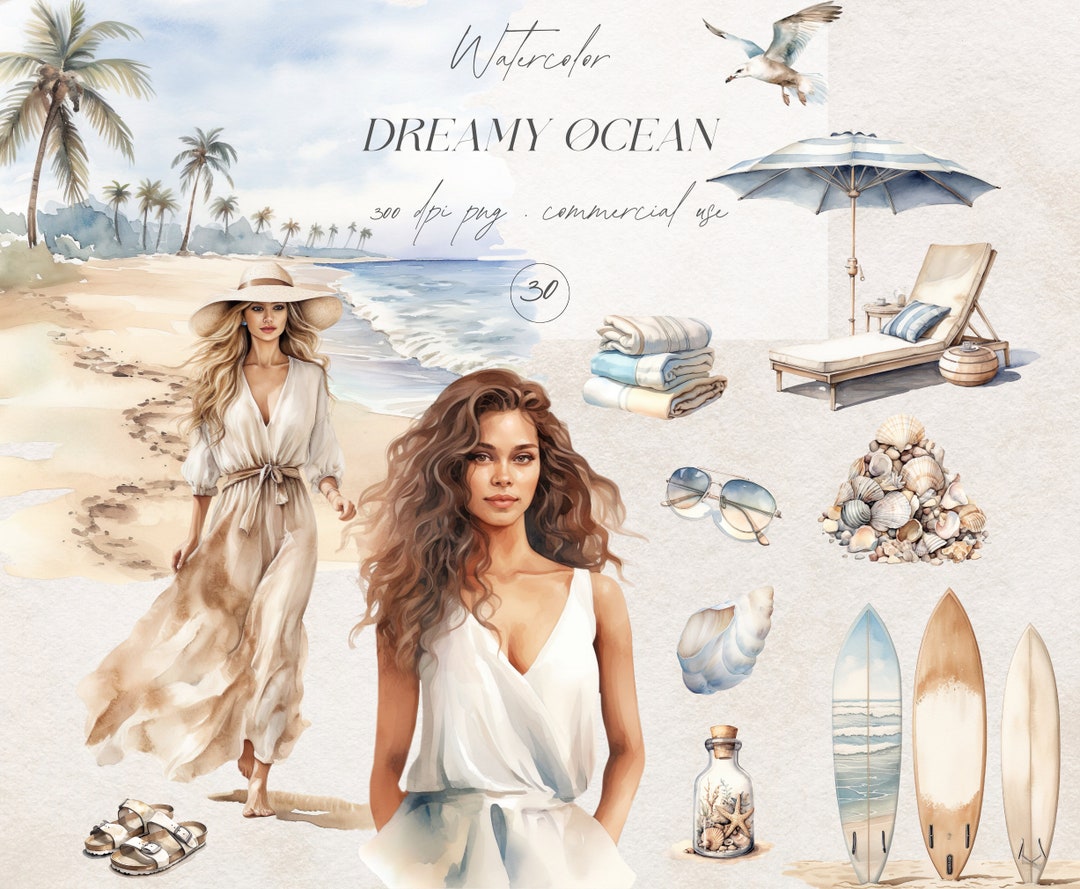 Watercolor Ocean Clipart Bundle, Neutral Summer Beach Graphics, Beach ...