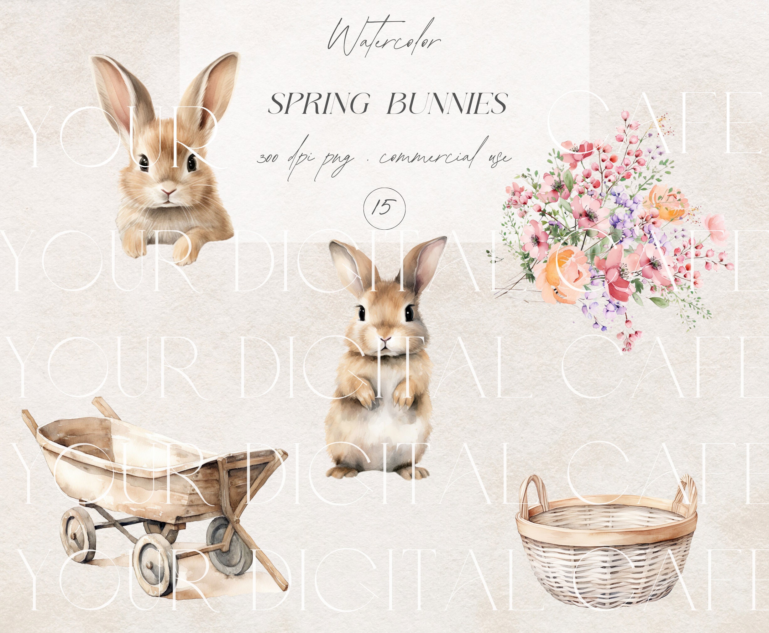 Watercolor Bunnies Clipart Bundle, Cute Bunnies Illustration, Spring ...