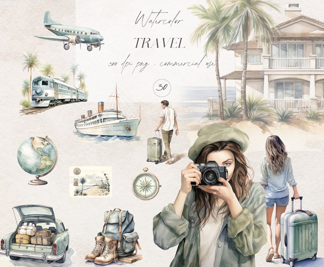 Watercolor Travel Clipart Bundle, Neutral Travel Graphics, Travel Time ...