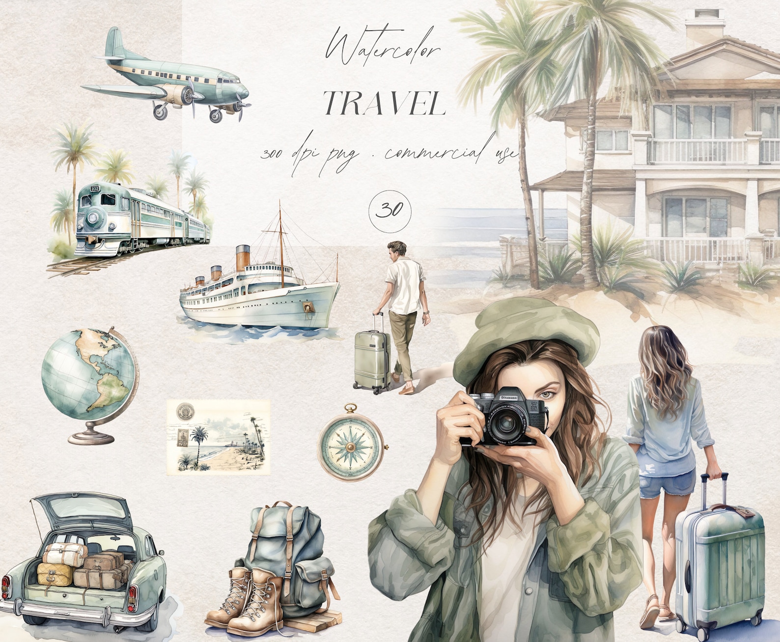 Watercolor Travel Clipart Bundle, Neutral Travel Graphics, Travel Time ...