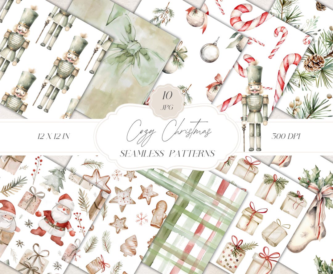 Cozy Classic Christmas Seamless Patterns, Watercolor Christmas Digital ...