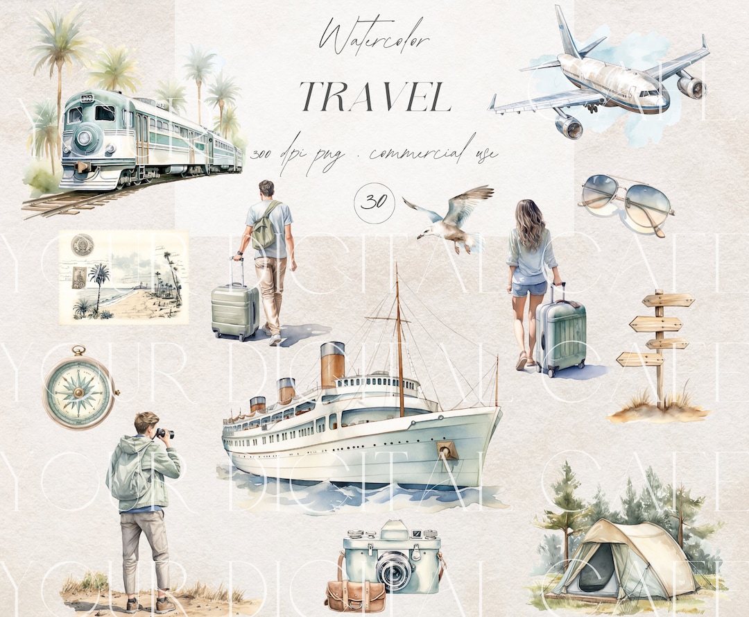 Watercolor Travel Clipart Bundle, Neutral Travel Graphics, Travel Time ...