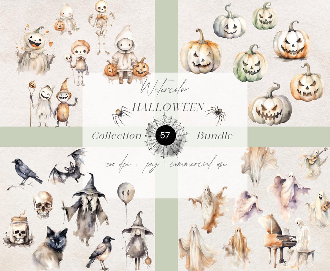 Watercolor Halloween Clipart Bundle, 57 PNG Graphics, Jack-o-lantern ...