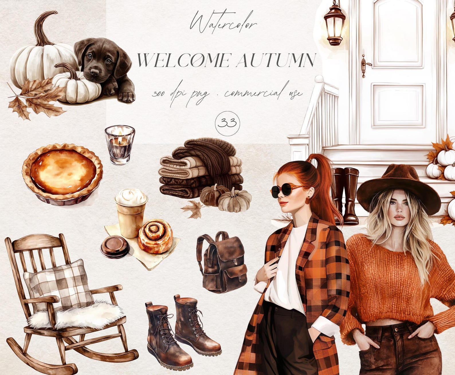 Watercolor Cozy Autumn Clipart, Fall Girl Graphics, Pumpkin PNG ...