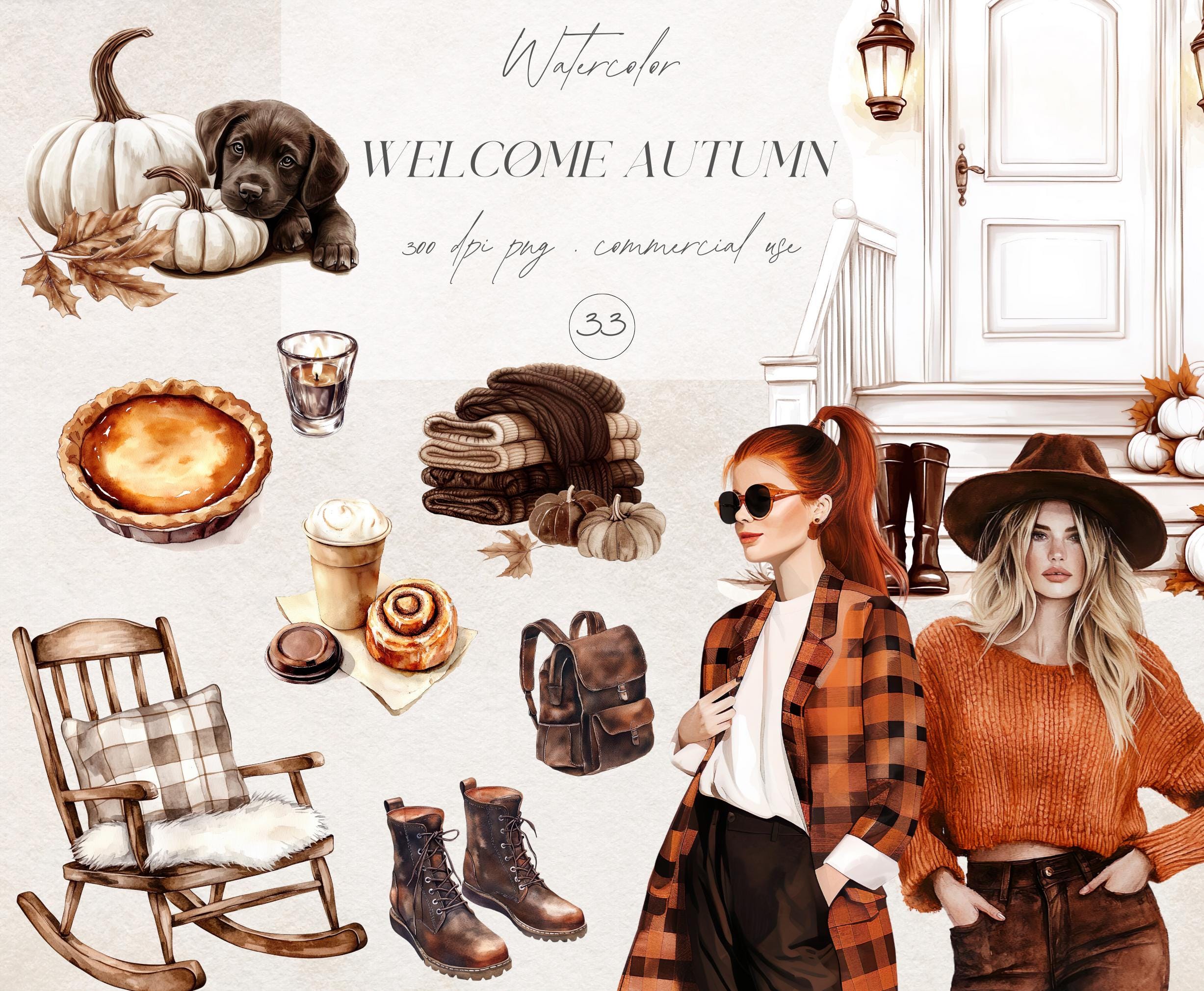 Watercolor Cozy Autumn Clipart, Fall Girl Graphics, Pumpkin PNG ...