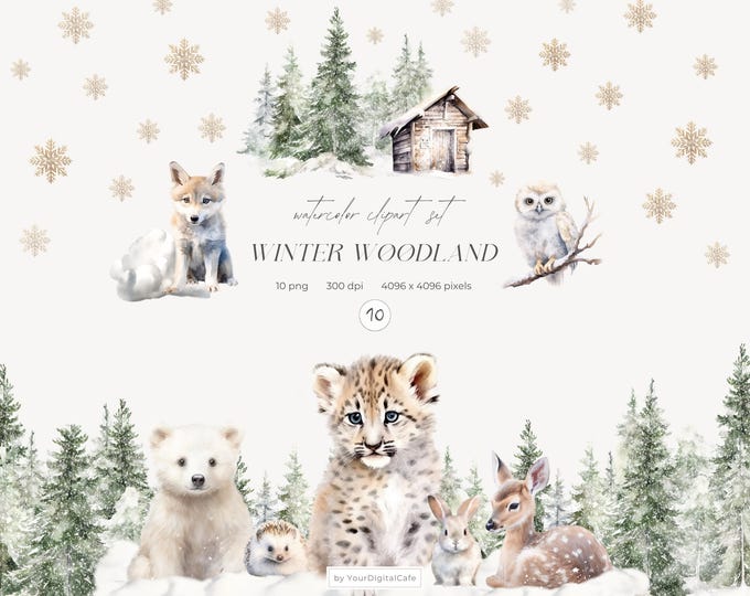 Watercolor Winter Woodland Clipart: Rustic Animals & Pine Trees ...