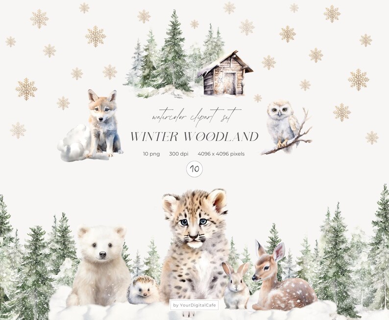 Winter Woodland Animals Clipart, Watercolor Winter Clipart, Woodland ...
