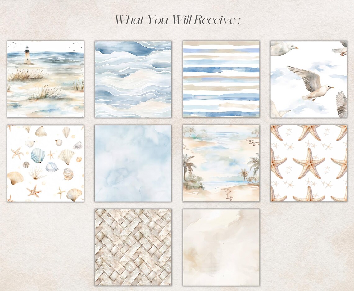 Watercolor Ocean Seamless Patterns, Neutral Summer Beach Digital Paper ...