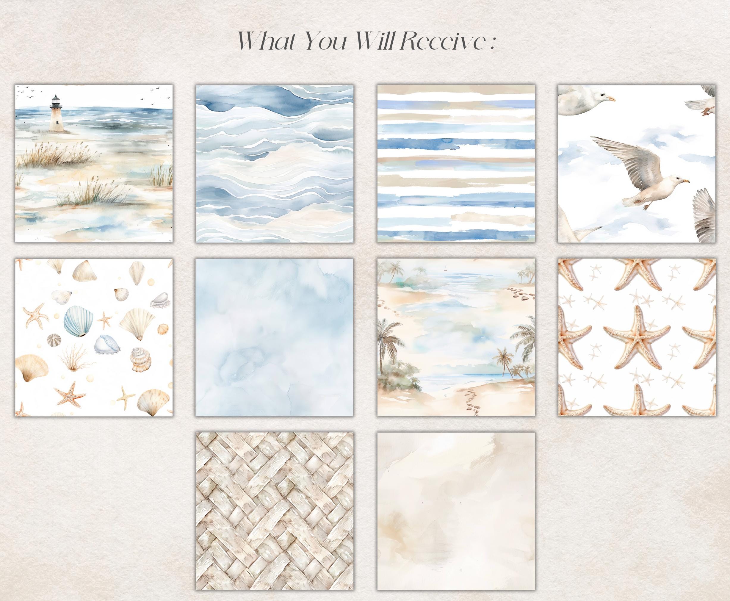 Watercolor Ocean Seamless Patterns, Neutral Summer Beach Digital Paper ...